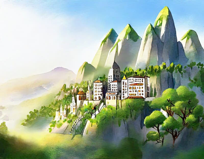 Watercolor of Gorgeous Elfic City Stock Illustration - Illustration of ...