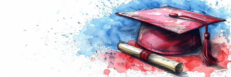 Watercolor Graduation Cap with Diploma, Illustration. Generated by AI ...