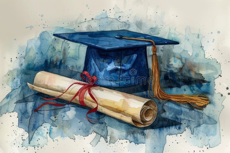 Watercolor Graduation Cap with Diploma, Illustration. Generated by AI ...