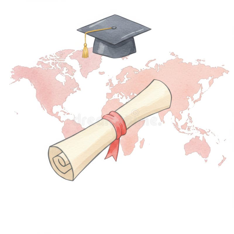Watercolor Graduation Cap and Diploma on World Map Stock Illustration ...