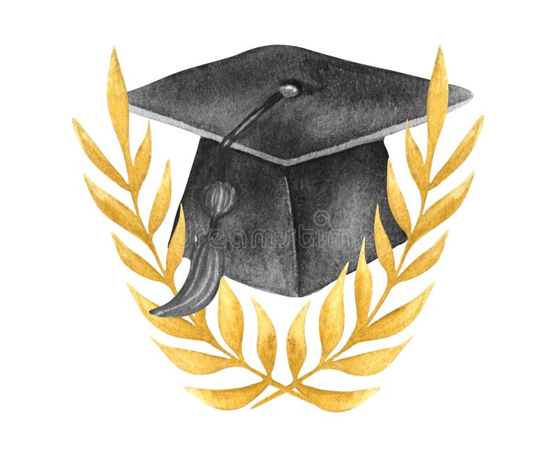 Watercolor Graduation Cap with Laurel Wreath. Graduation Hat Stock ...