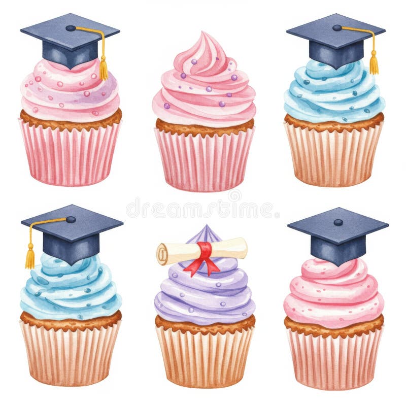 Watercolor Graduation Cupcakes with Caps and Diploma Stock Illustration ...
