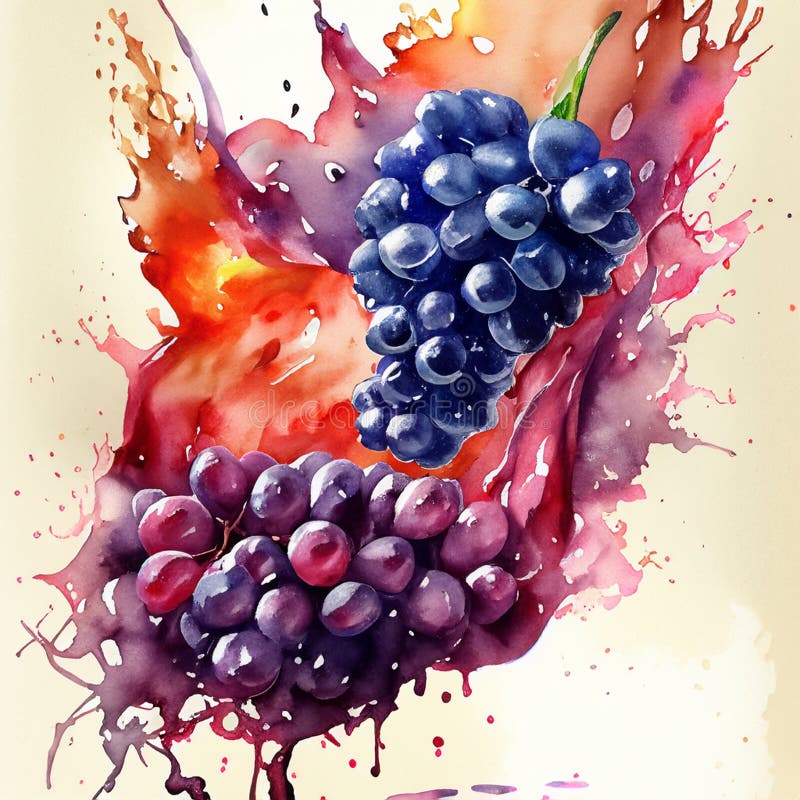 Watercolor Grapes with Wine Splash Stock Illustration - Illustration of ...