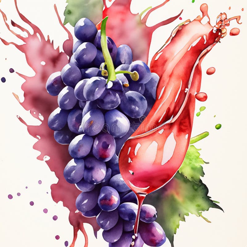 Watercolor Grapes with Wine Splash Stock Illustration - Illustration of ...