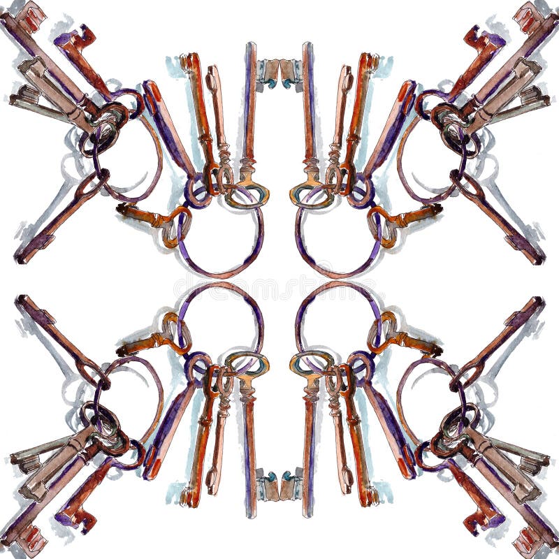 Watercolor Graphic Drawing Old Rusty Keys on a Ring Pattern Background ...