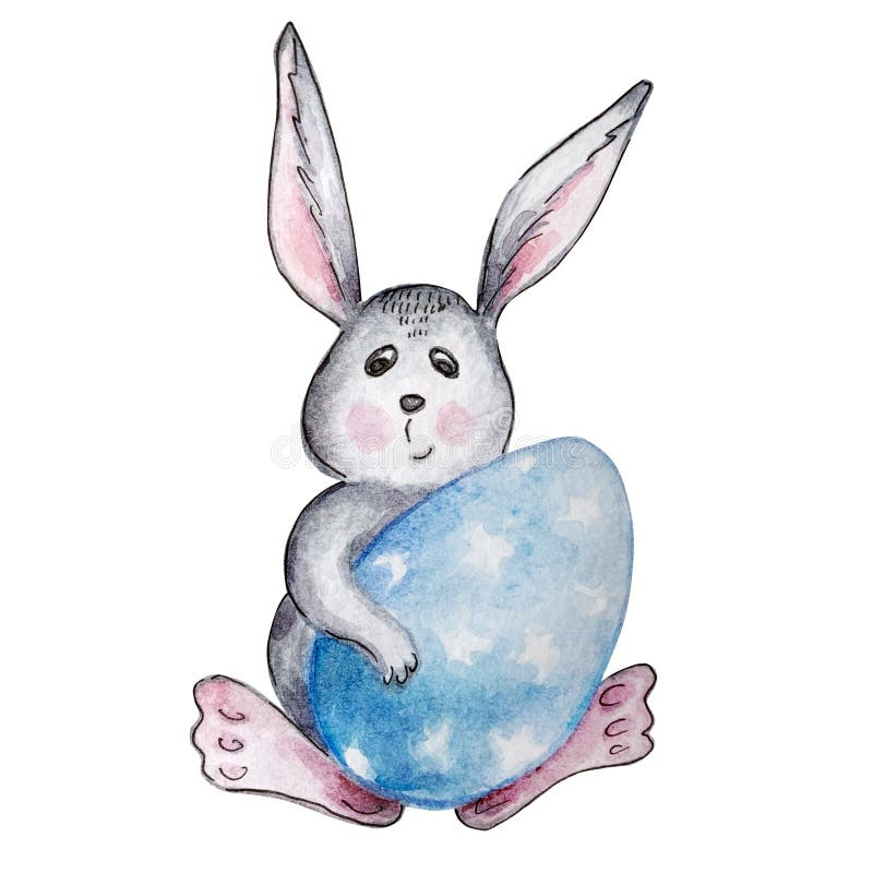 Watercolor Gray Easter Bunny with Easter Egg Stock Illustration ...