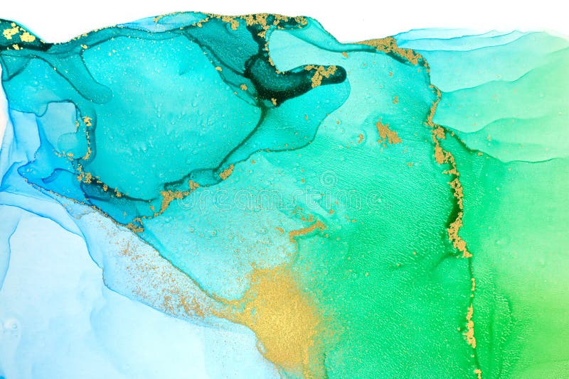 Watercolor Green, Blue and Gold Abstract Stains Background. Ink ...