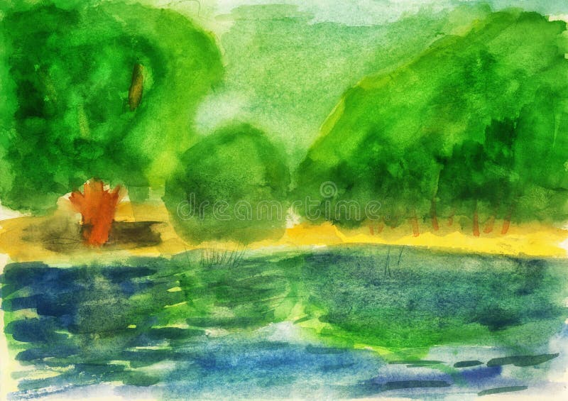 Watercolor. Green Forest and Lake Stock Illustration - Illustration of ...