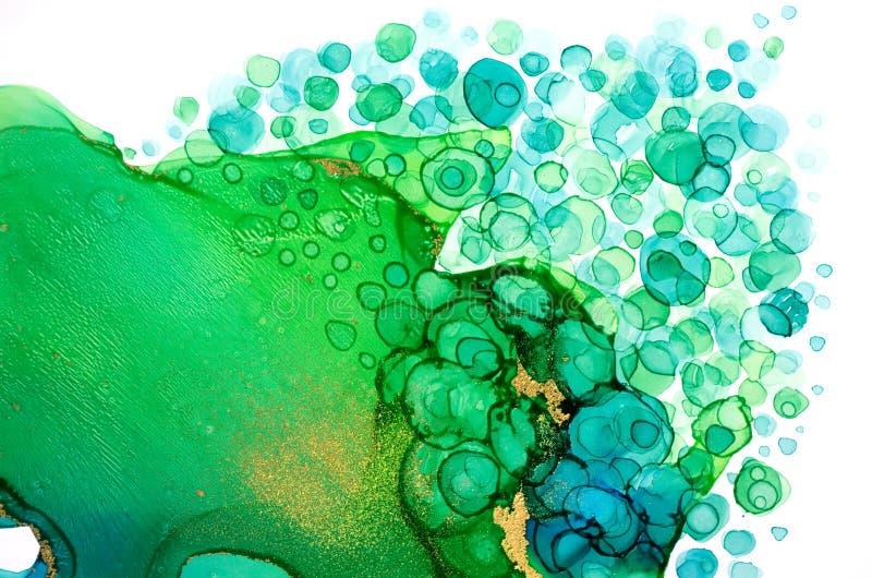 Watercolor Green Ink Drops and Paint Drips Pattern with Gold Dust ...