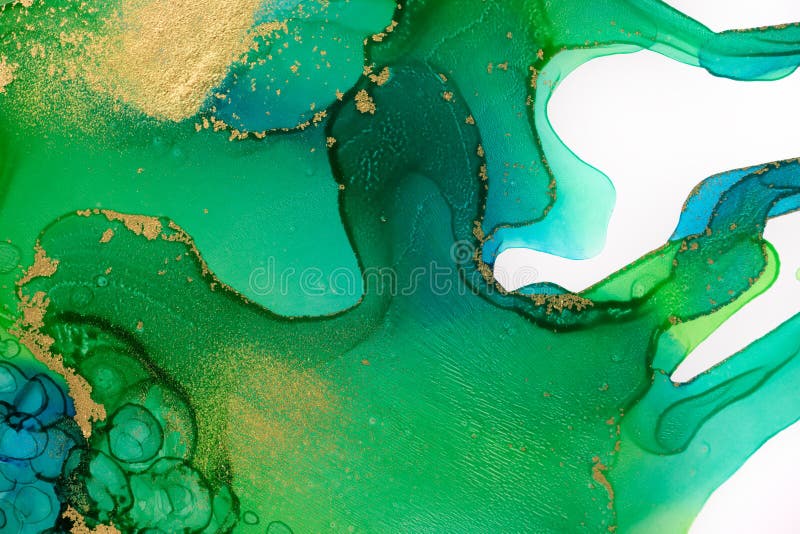 Watercolor Green Ink Drops and Paint Drips Pattern with Gold Dust ...