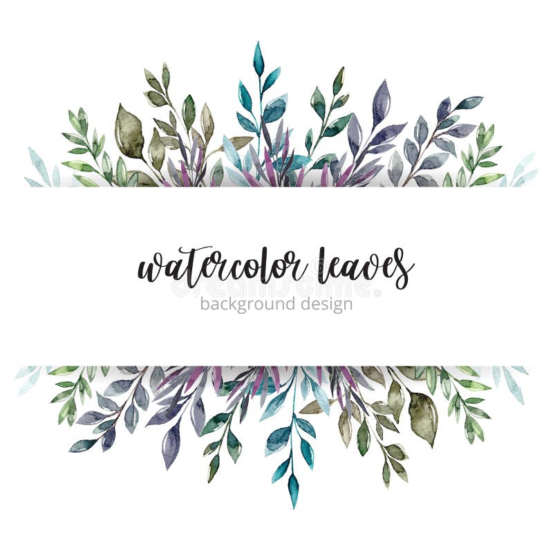 Watercolor Hand Painting Horizontal Banner with Green Leaves and ...