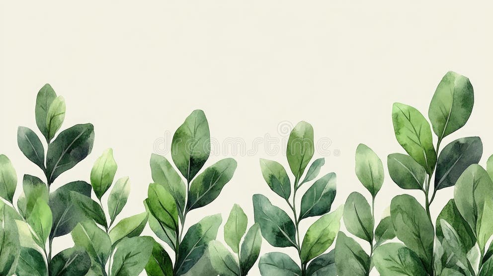 Watercolor Green Leaves Pattern on Light Background Stock Image - Image ...