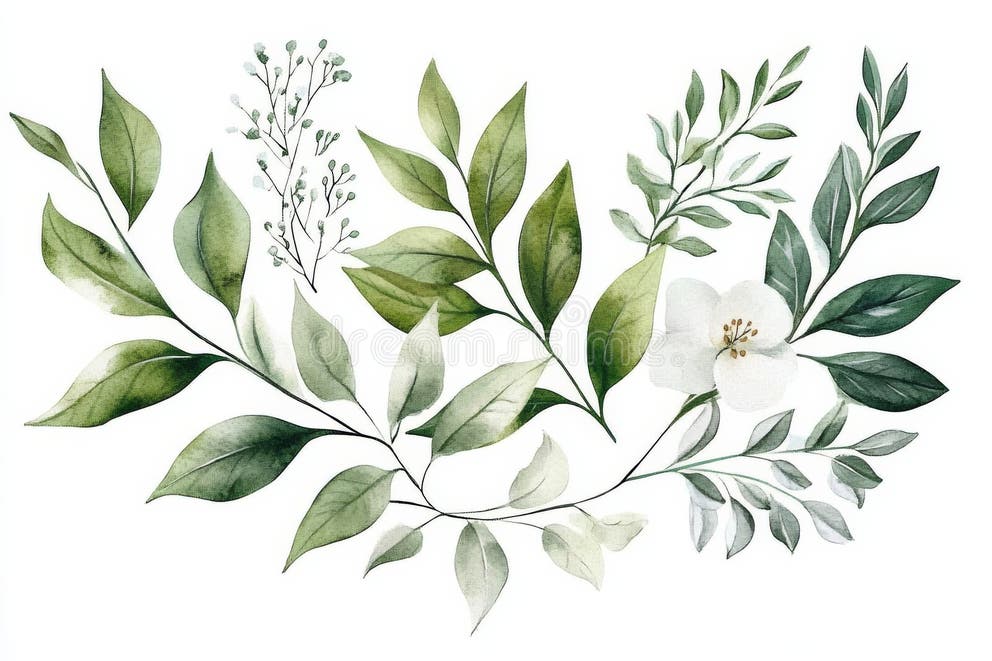Watercolor Greenery and Bloom Composition Stock Illustration - Illustration of botanical, summer ...