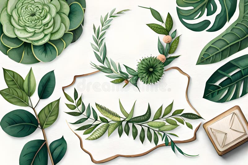 Watercolor Greenery Frames Borders Clip Art Stock Illustration ...