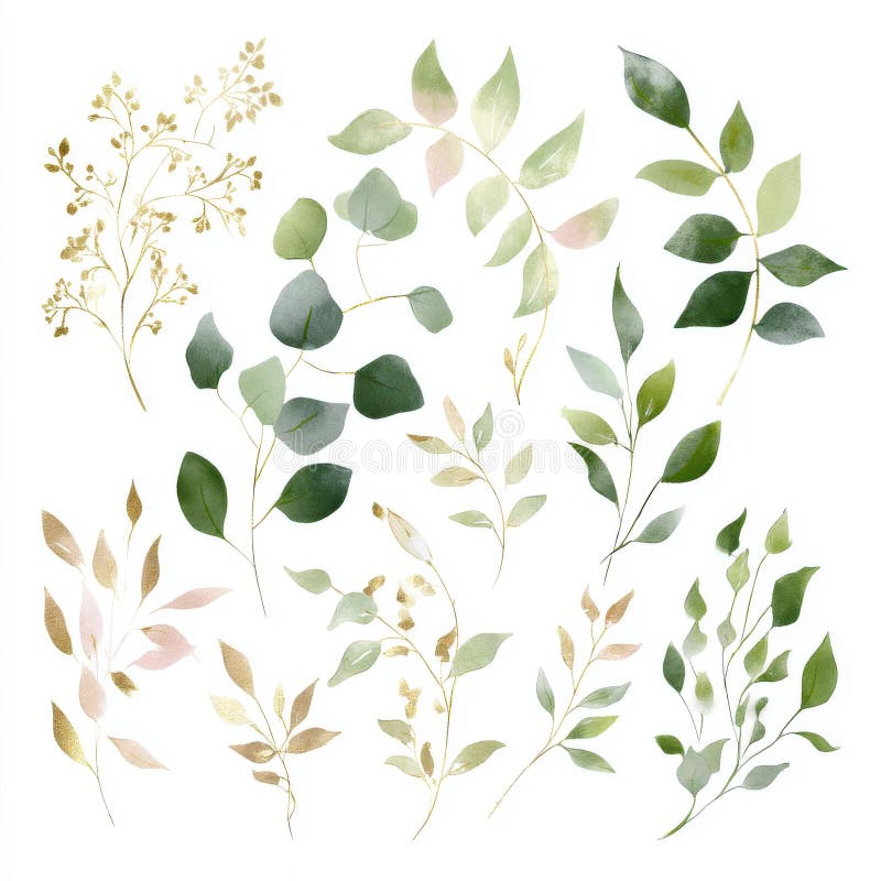 Watercolor Greenery and Gold Botanical Elements Collection for Wedding Invitations Stock ...