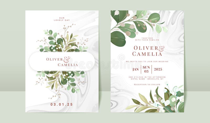 Watercolor Greenery Wedding Invitation Card Template Set Stock Vector ...