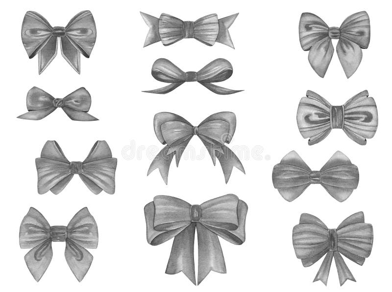Watercolor Grey Bows Set Isolated on White Background. Hand Drawn ...
