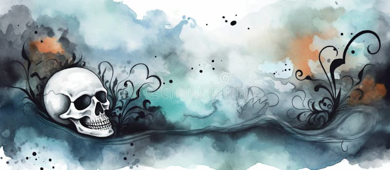 Watercolor Halloween Banner with Skull and Gloomy Patterns. Copy Space ...