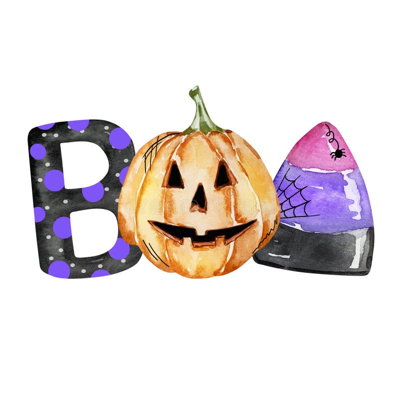 Watercolor Halloween Illustration of Boo with Pumpkin and Candy Stock ...