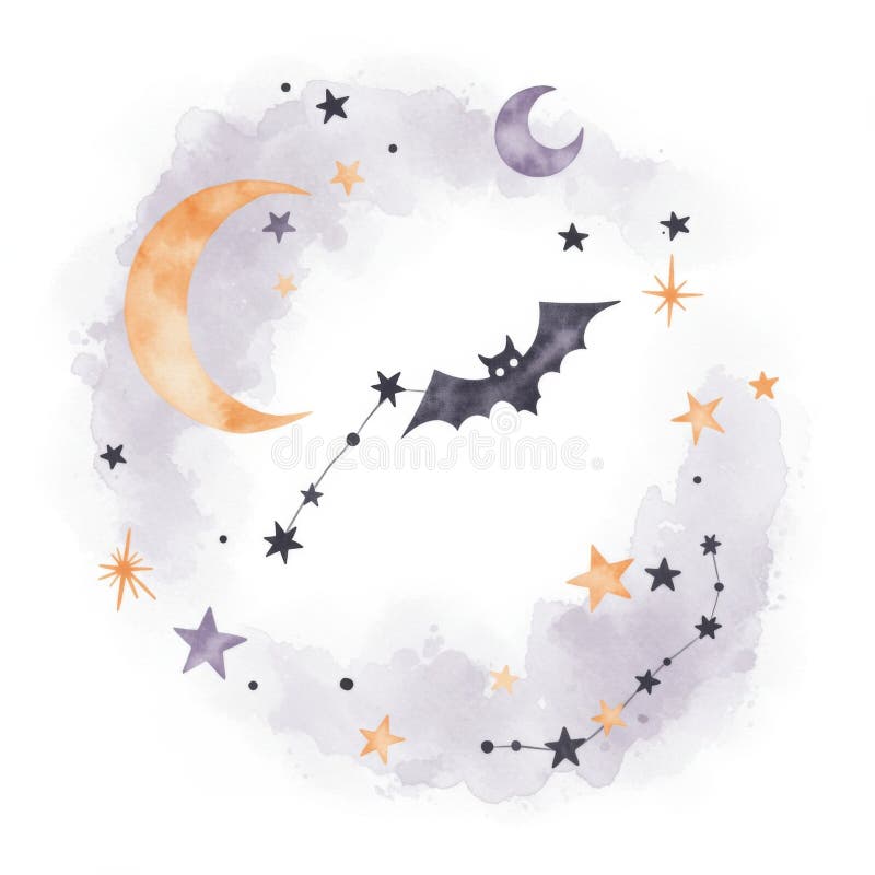 Watercolor Halloween Night Sky with Bat and Stars Stock Illustration ...