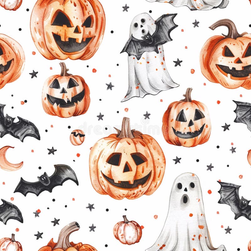 Watercolor Halloween Pattern with Scary Pumpkins and Bats Stock ...