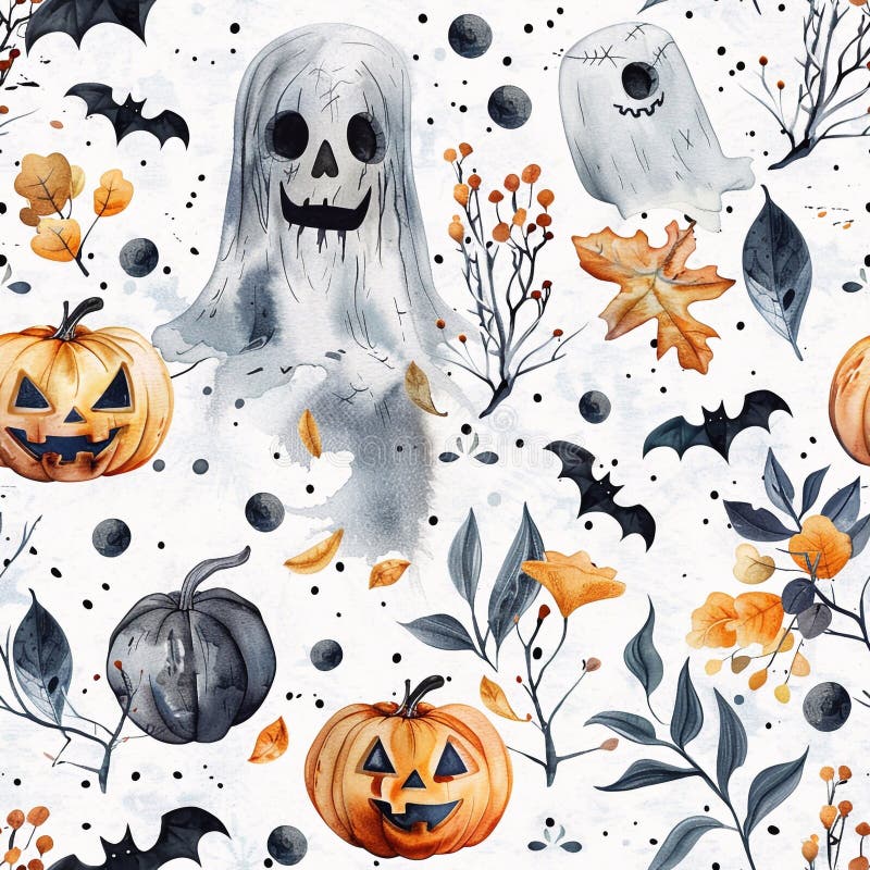 Watercolor Halloween Pattern with Scary Pumpkins and Bats Stock ...