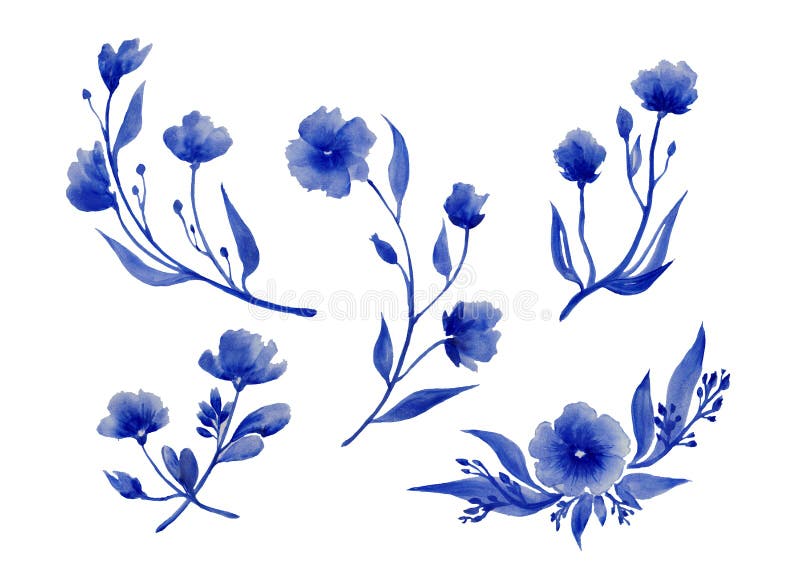Watercolor Hand Drawn Blue Flowers Stock Illustration - Illustration of ...