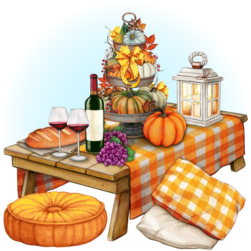 Watercolor Hand Drawn Fall Picnic Table Stock Vector - Illustration of ...