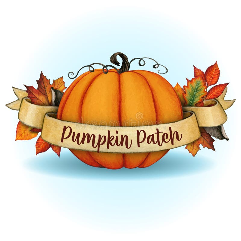 Watercolor Pumpkin with Ribbon Banner and Fall Leaves Stock Vector ...