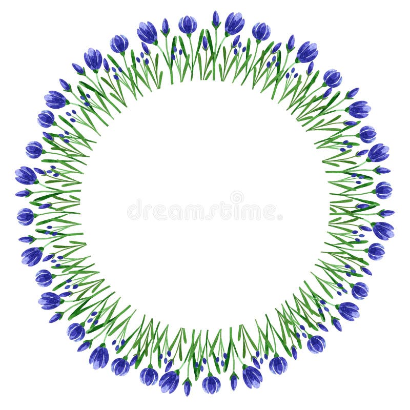 Watercolor Hand Drawn Floral Round Frame with Tiny Blue Flowers. Stock ...