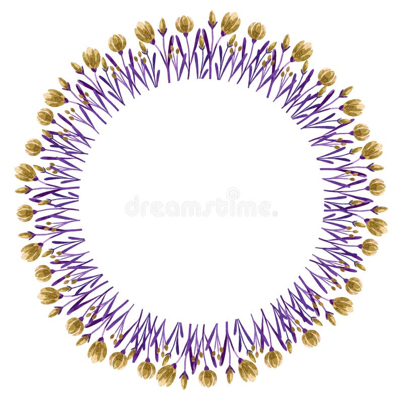 Watercolor Hand Drawn Floral Round Frame with Tiny Gold Flowers. Stock ...
