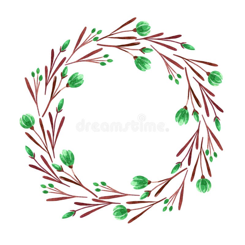 Watercolor Hand Drawn Floral Round Frame with Tiny Green Flowers. Stock ...