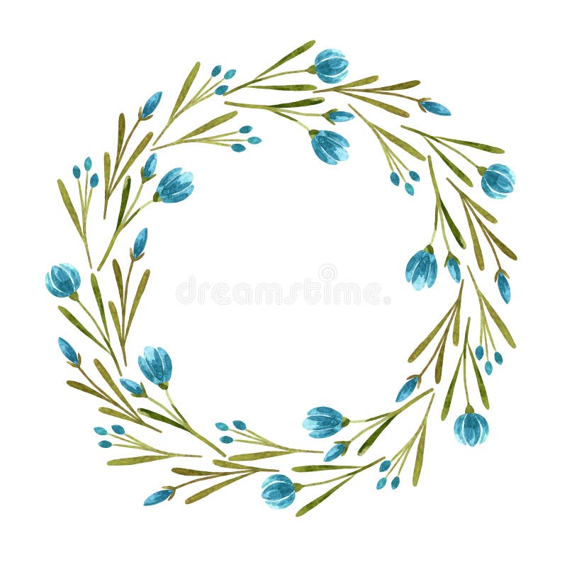 Watercolor Hand Drawn Floral Round Frame with Tiny Light Blue Flowers ...