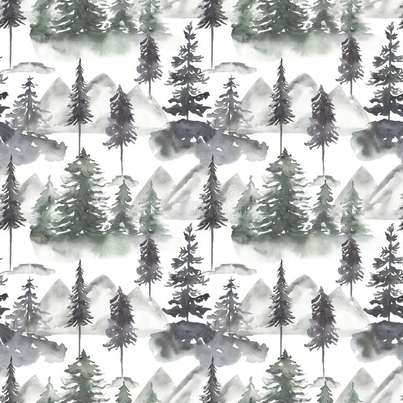 Watercolor Hand Drawn Forest Winter Trees and Mountains Seamless ...