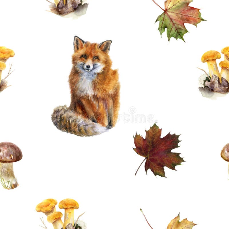 Watercolor Hand Drawn Fox Autumn Leaf Isolated Seamless Pattern. Stock ...