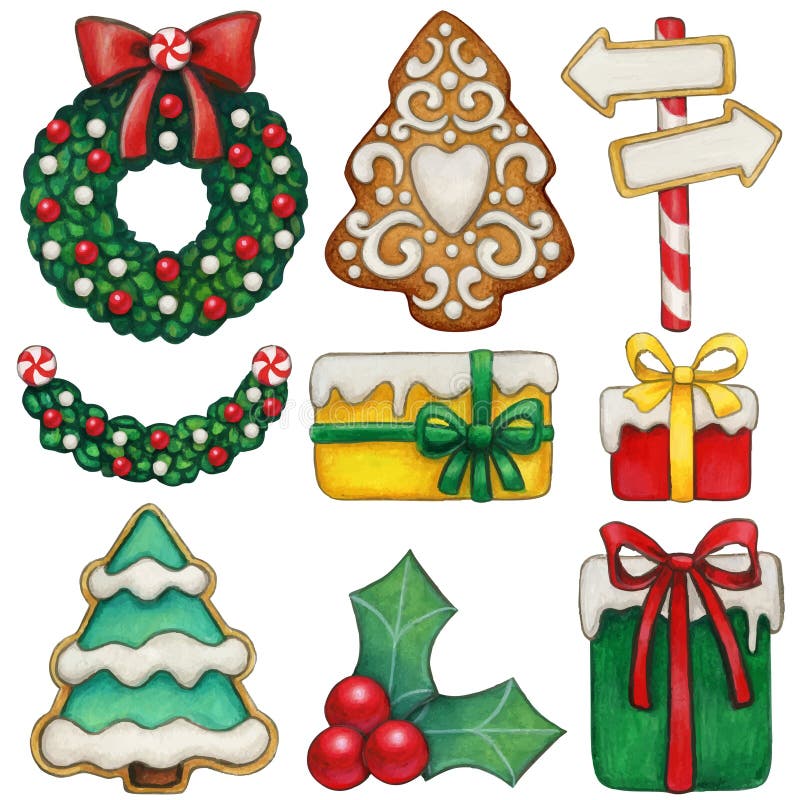 Watercolor Hand Drawn Gingerbread Elements Stock Vector - Illustration ...