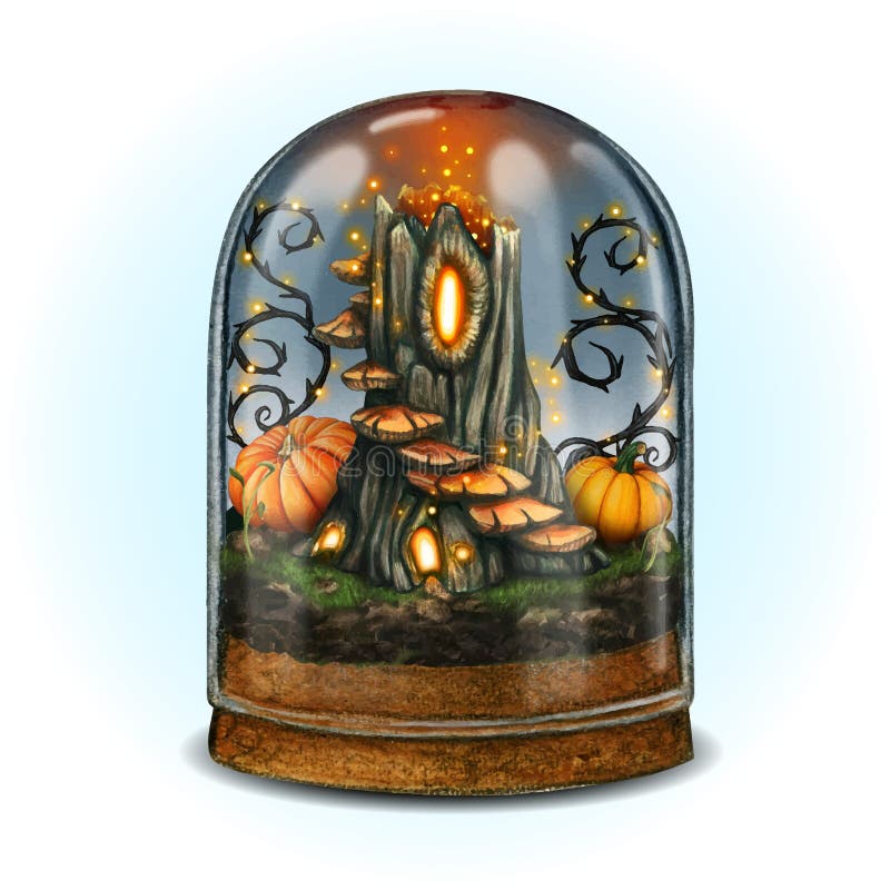 Watercolor Hand Drawn Glass Dome with Enchanted Tree Stock Illustration ...