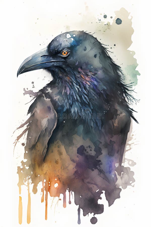Watercolor Hand Drawn Illustration of a Black Raven with Watercolor ...