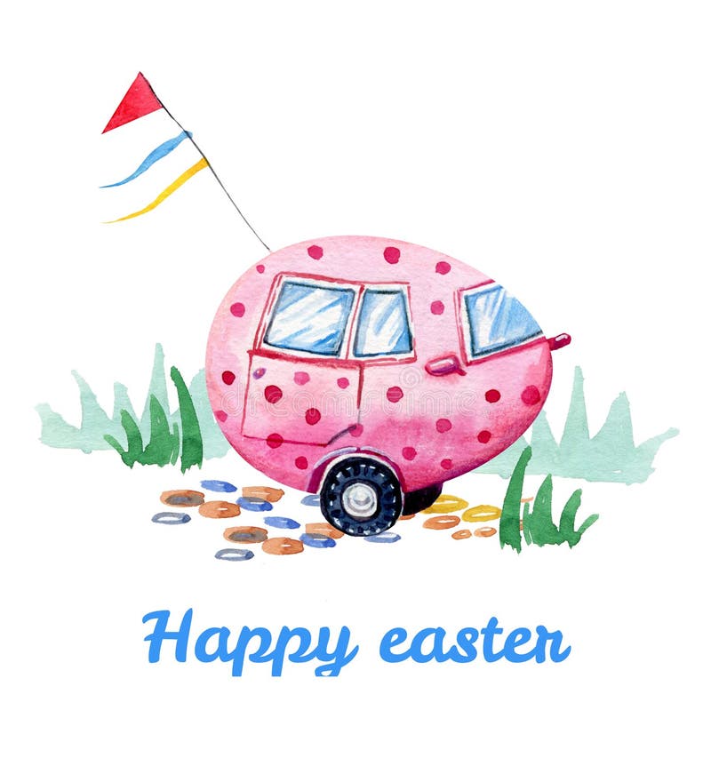 Watercolor Hand Drawn Illustration of Easter Car in the Form of Egg on ...