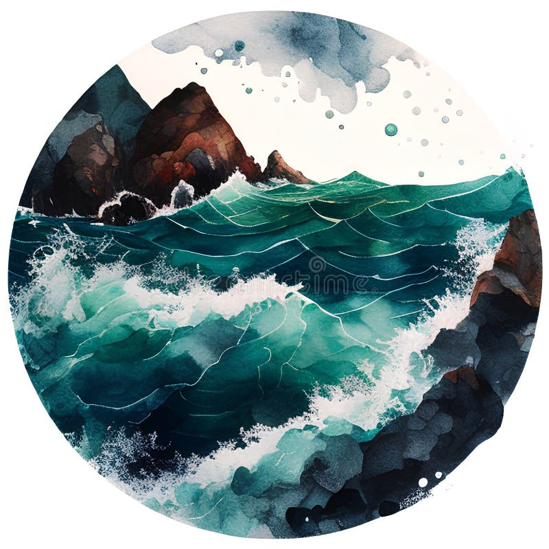 Watercolor Hand Drawn Illustration of Ocean Waves and Rocks in Circle ...
