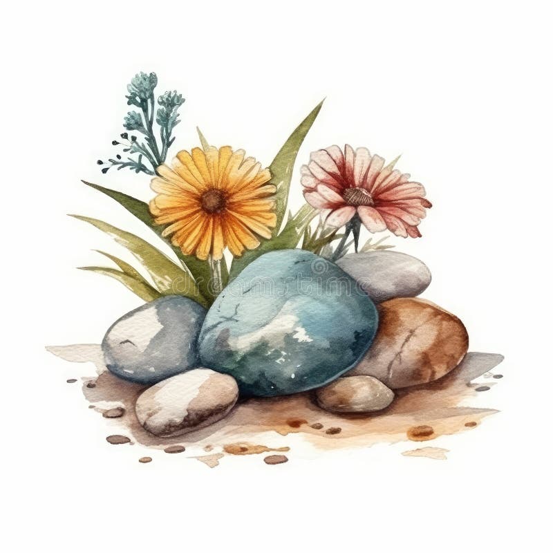 A Watercolor Hand Drawn Illustration of Pebbles on Beach Generative AI ...