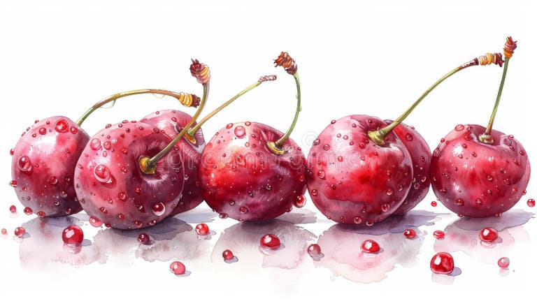 Watercolor Hand Drawn Illustrator Seamless Cherry Pattern on White ...