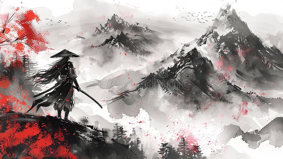 Watercolor Hand Drawn with Ink Samurai in Mountain Stock Illustration ...