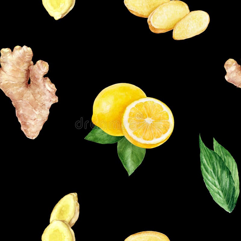 Watercolor Hand Drawn Lemon, Ginger Seamless Pattern. Stock ...