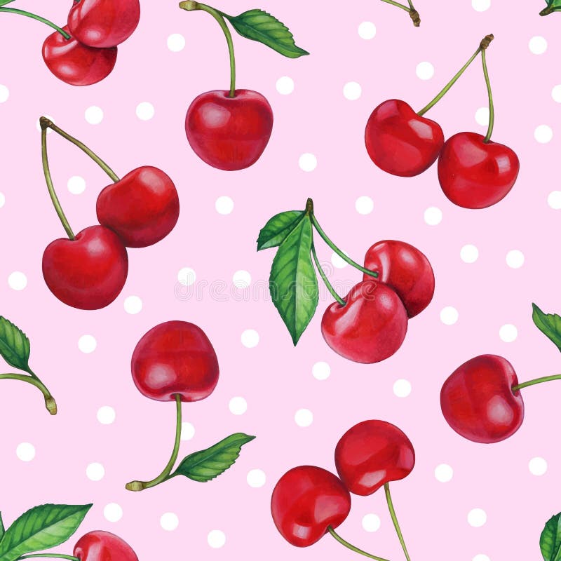 Watercolor Hand Drawn Realistic Cherry Pattern Stock Vector ...