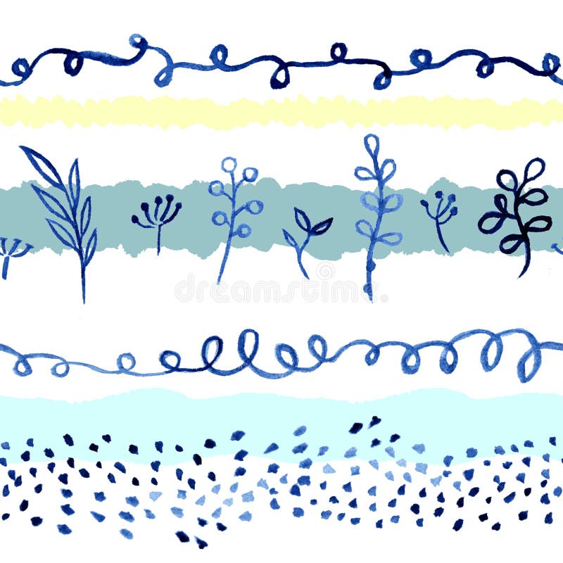 Watercolor Hand-drawn Seamless Pattern - Blue Flowers and Herbs with ...