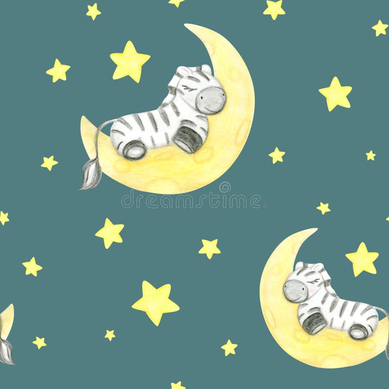 Watercolor Hand Drawn Seamless Pattern with Cute Sleeping Zebra Stock ...