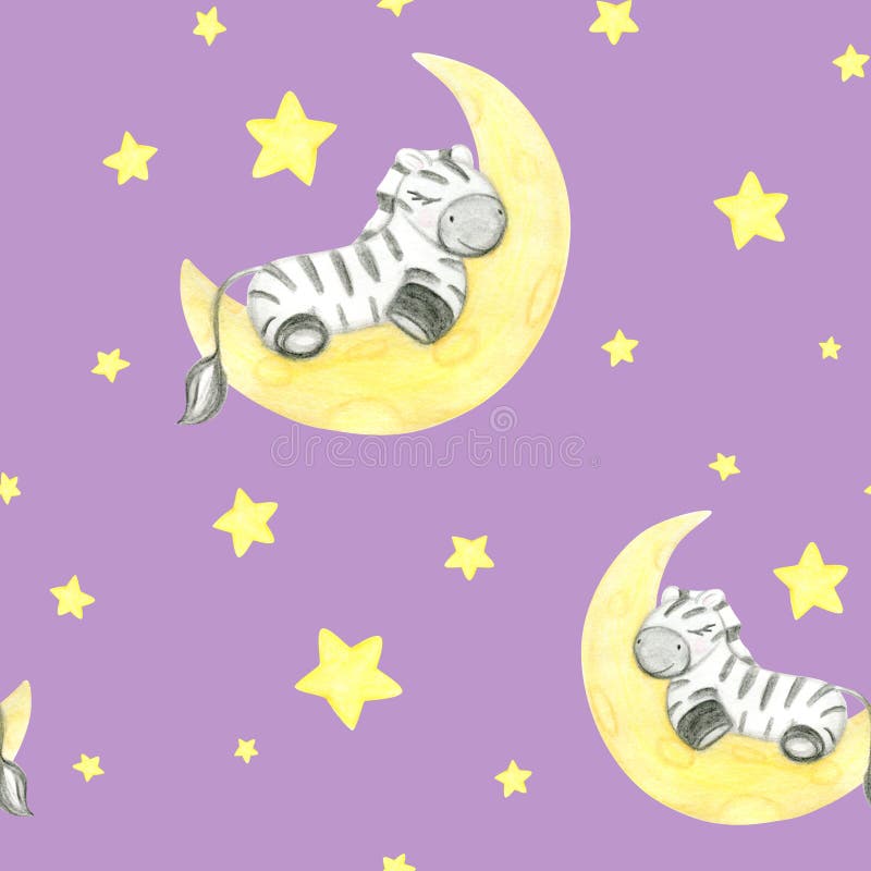 Watercolor Hand Drawn Seamless Pattern with Cute Sleeping Zebra Stock ...