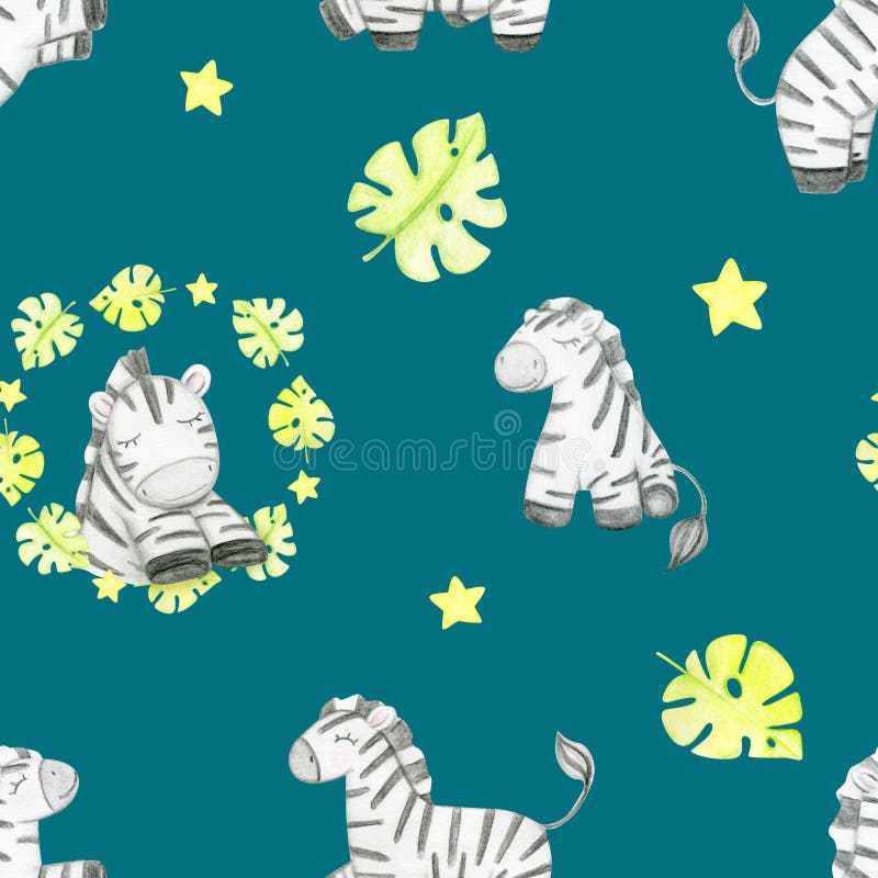 Watercolor Hand Drawn Seamless Pattern with Cute Zebra Safari Stock ...
