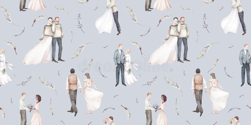 Watercolor Hand Drawn Seamless Pattern with Illustration of Wedding ...